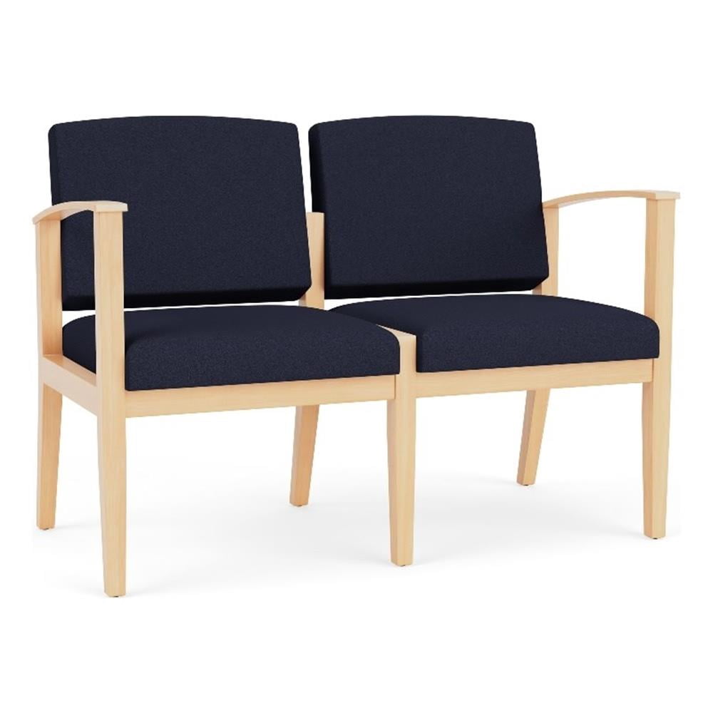 Amherst Wood Reception Waiting 2-Seat Chair / Natural Wood / Navy Blue ...