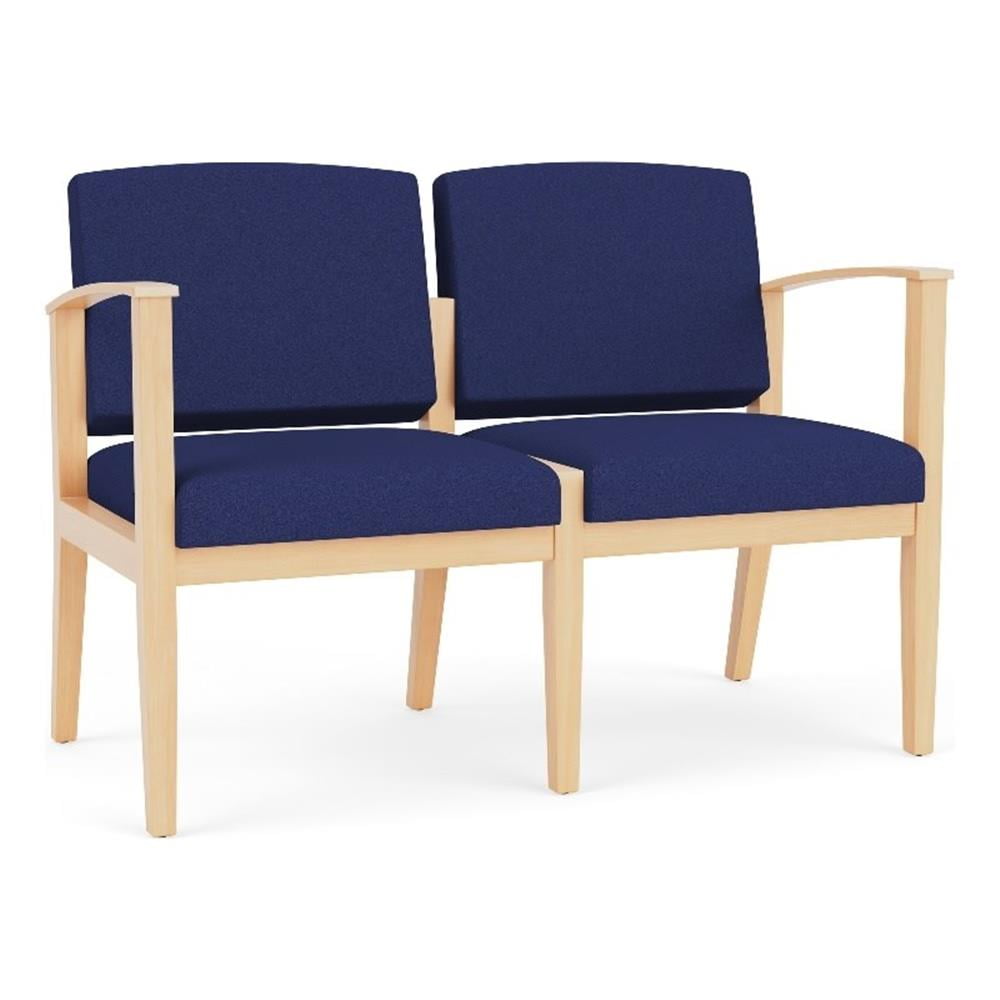 Amherst Wood Reception Waiting Room 2-Seat Chair / Natural Wood / Blue ...