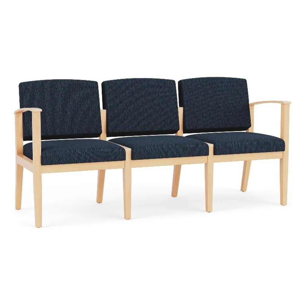 Amherst Wood Reception Waiting Room 3-Seat Chair / Natural Wood / Blue ...