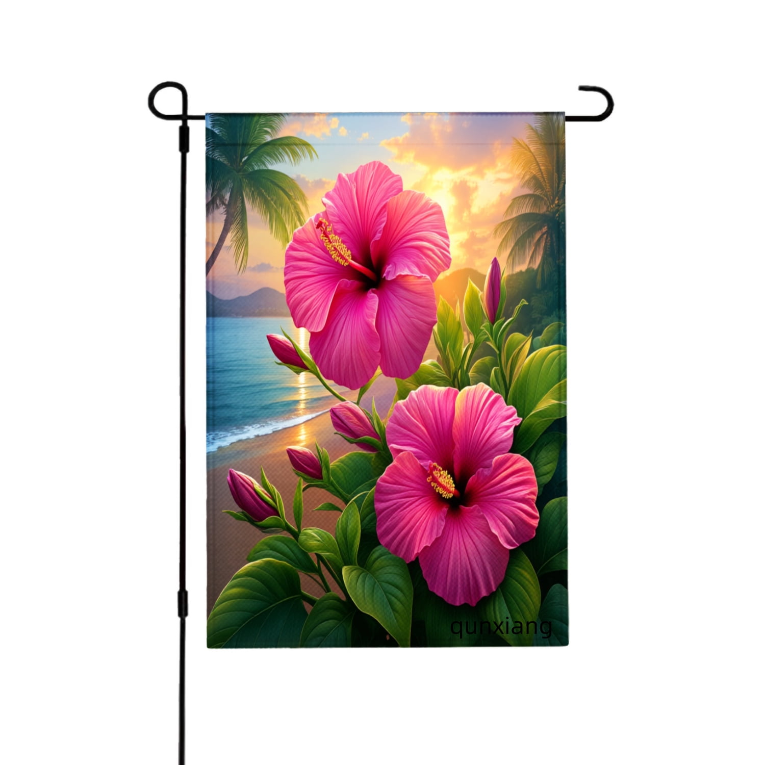 Amhnf Tropical Hibiscus Flower Garden Flag With Palm Trees And Ocean ...