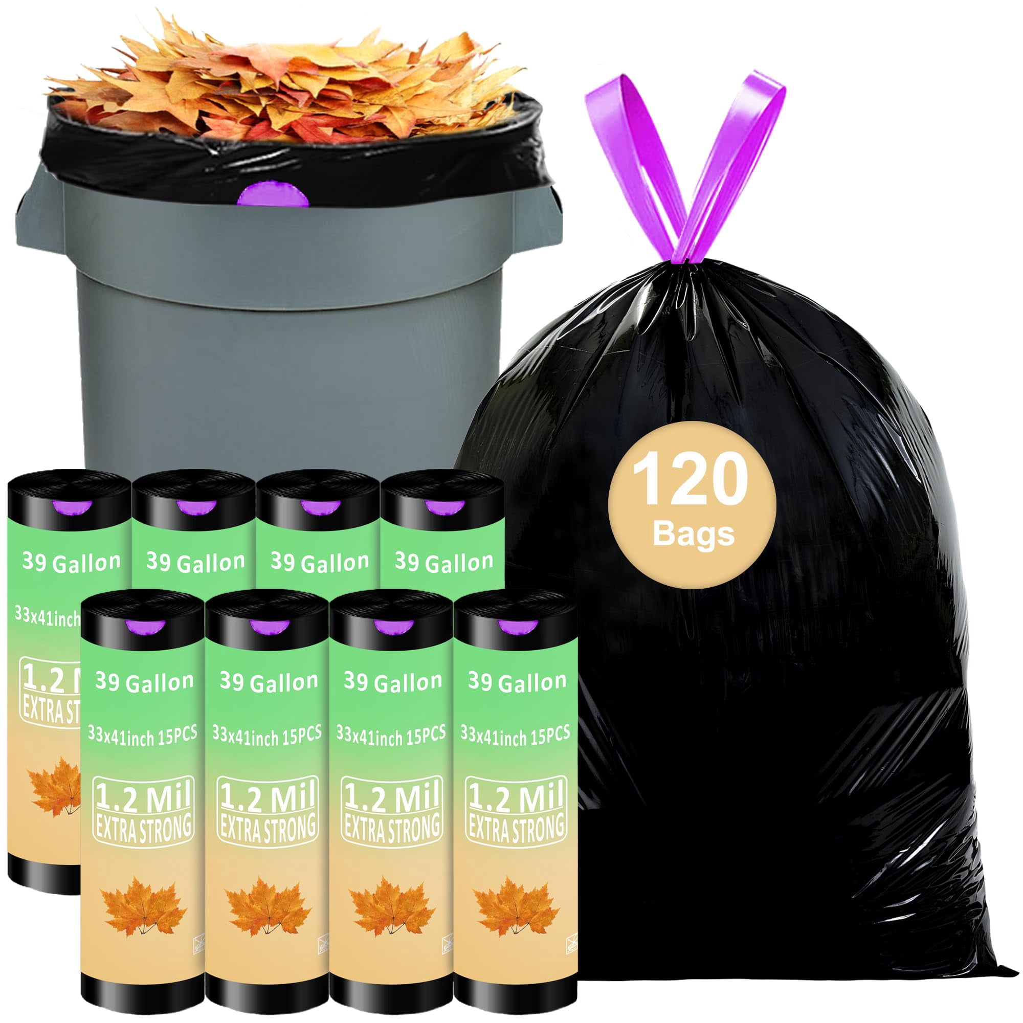 AmiGrowth 30-39 Gallon Lawn Leaf Trash Bags (120 Count) 1.2 Mil Heavy ...