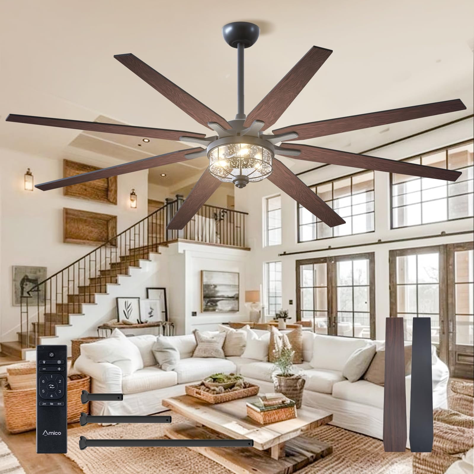 Amico Ceiling Fans with Lights, 65'' Indoor/Outdoor Black Ceiling Fan ...