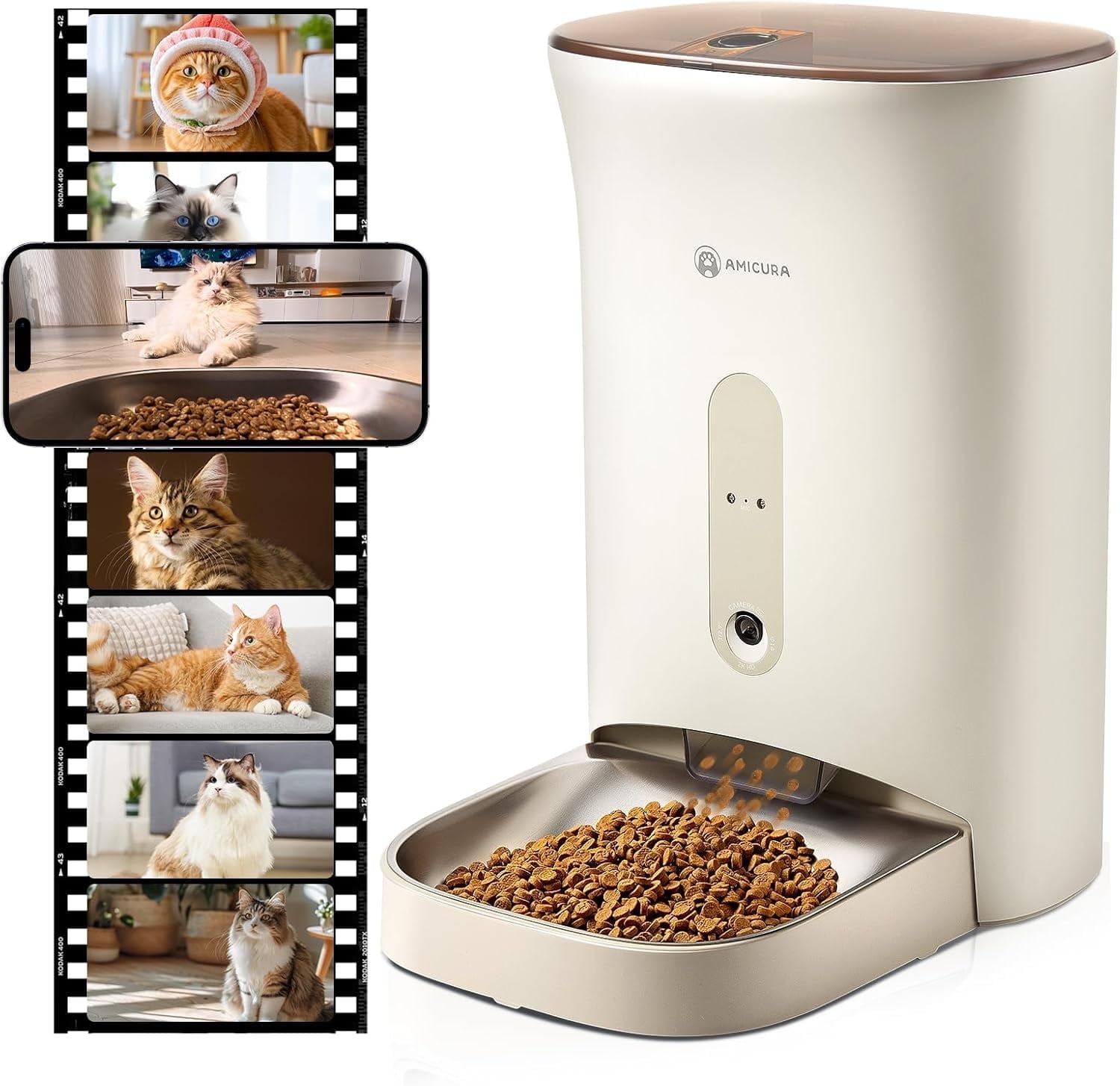 Amicura F1 Pro Automatic Cat Feeder with AI Camera & 2K Video with Night Vision, 5G/2.4G WiFi, 4 ...