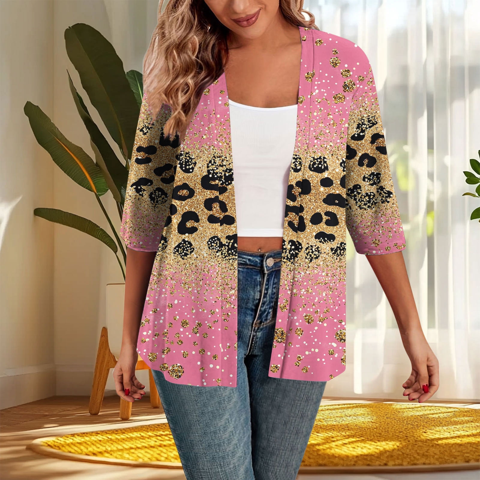 Amidoa 3/4 Sleeve Cardigans for Women Open Front Lightweight Leopard ...