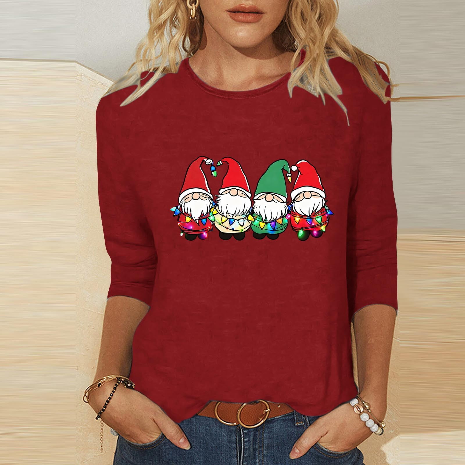 Amidoa 3/4 Sleeve Tops for Women Trendy Christmas Boat Neck Red Basic ...