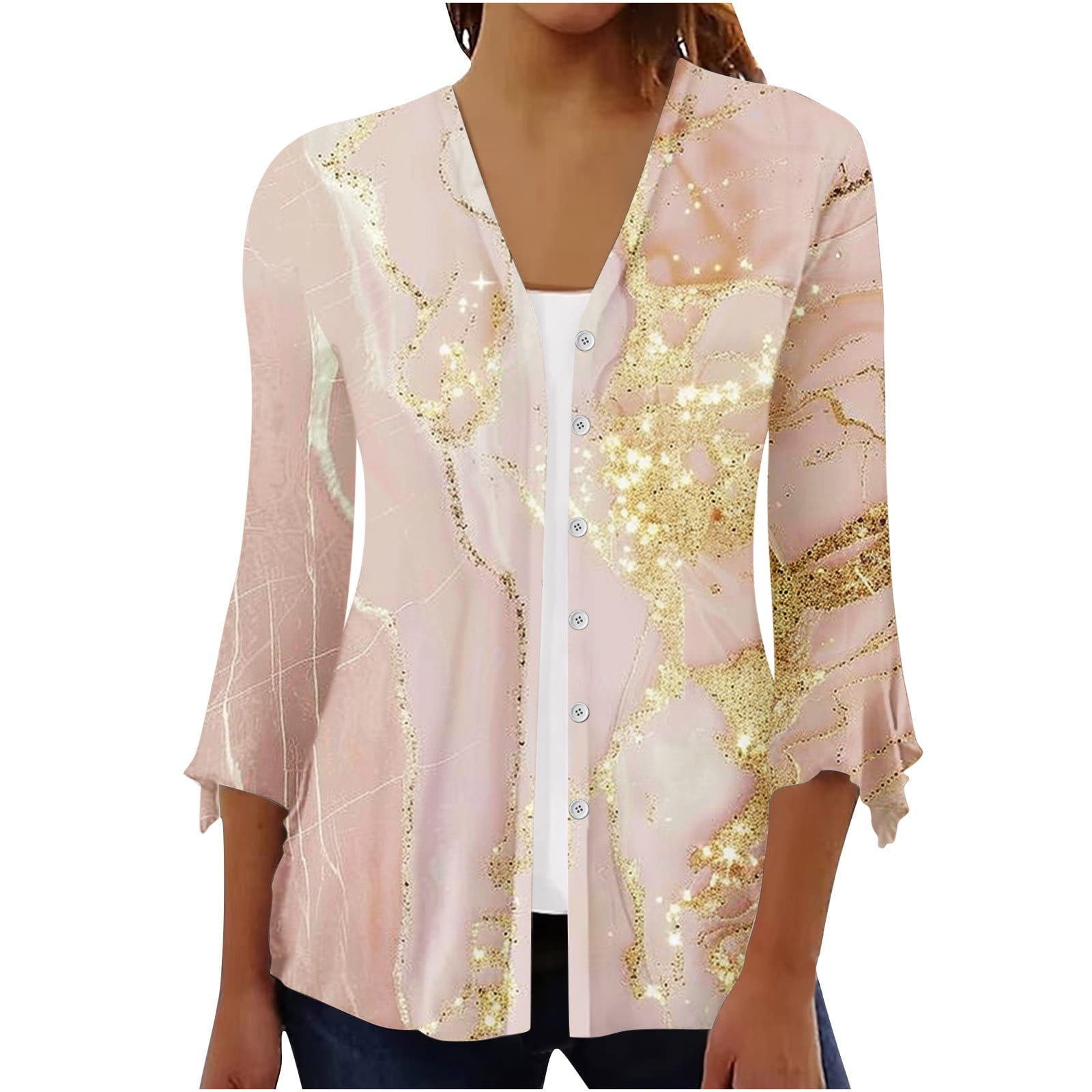 Amidoa 3/4 Sleeve Women's Cardigans Button up Dressy Yellow Hawaiian ...
