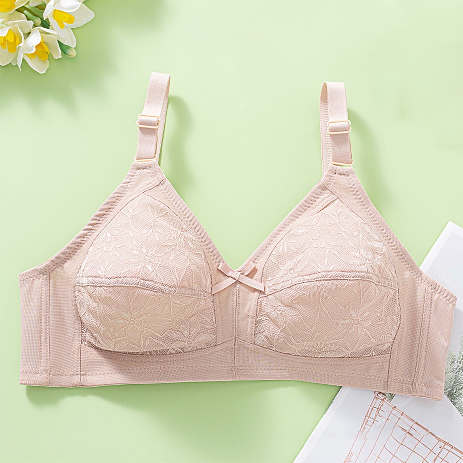 Amidoa Beige Bras for Older Women Pullover Lace No Underwire Push-up ...