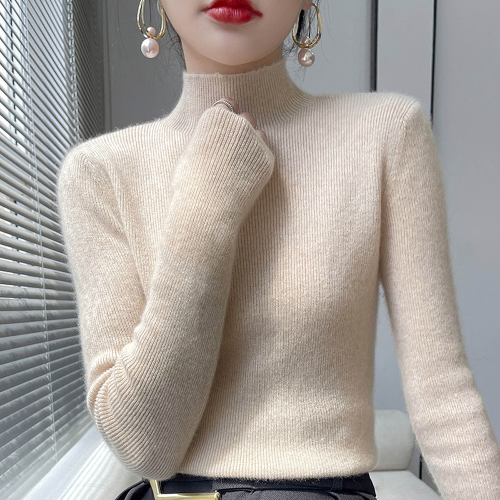 Amidoa Beige Sweaters for Women Trendy Long Sleeve Turtleneck Slim ...