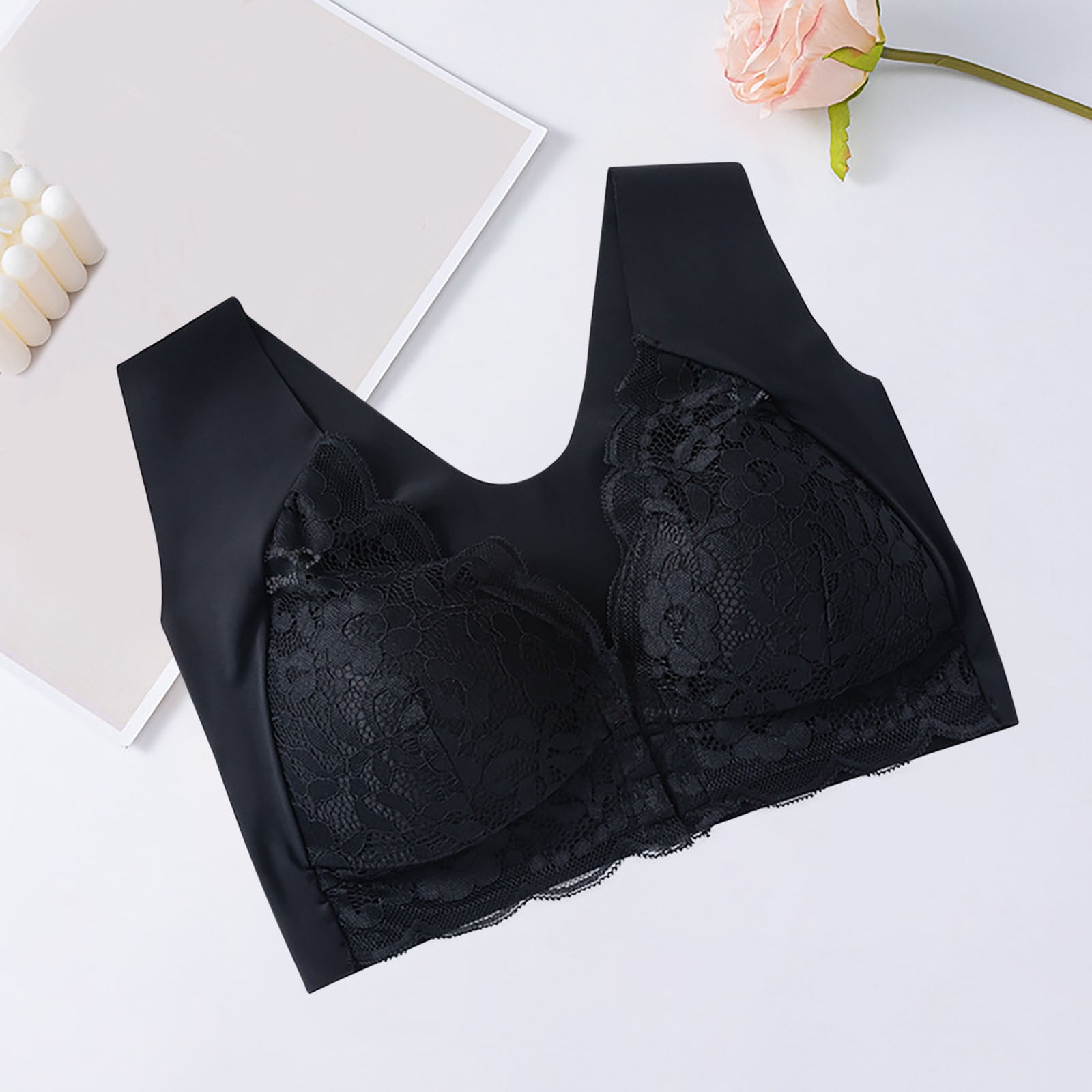 Amidoa Black Bras for Older Women Lace Wire-Free Full Coverage Large ...