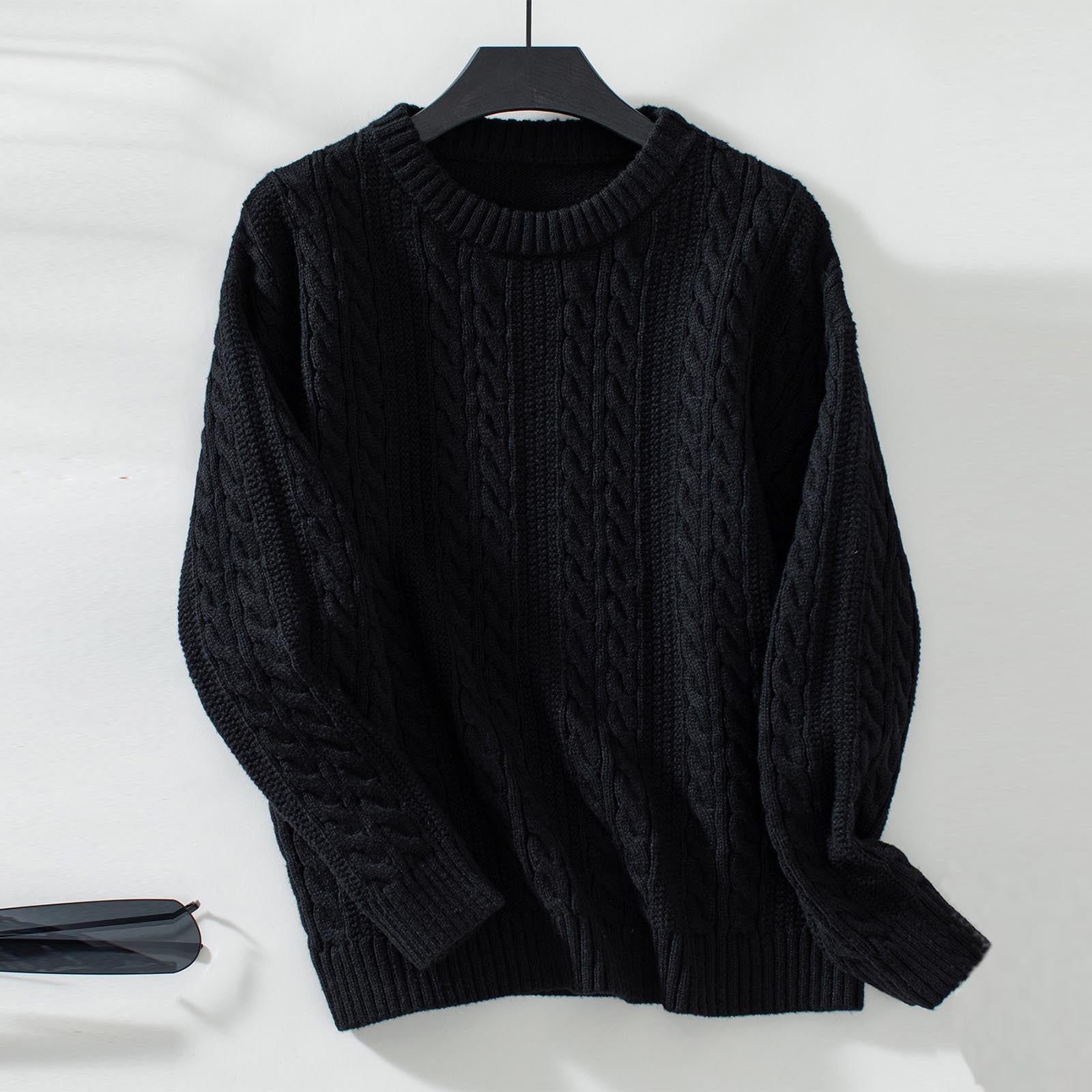 Amidoa Black Women Sweater Long Sleeve Chunky Cable Knit Solid Winter ...