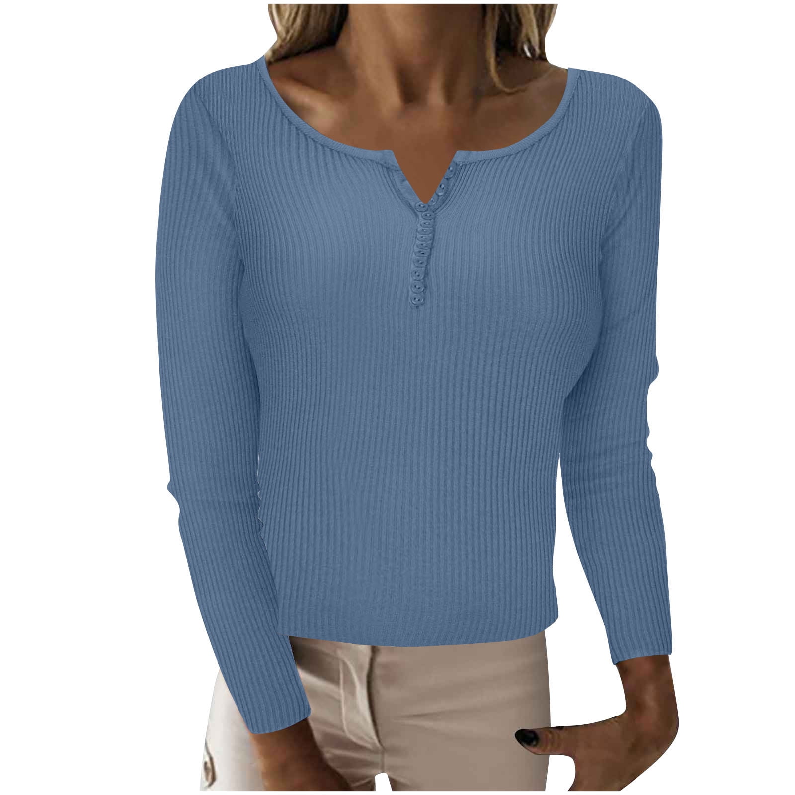 Amidoa Blue Womens Sweaters and Cardigans V-Neck Workout Long Sleeve Solid Buttons Knit Sweaters ...
