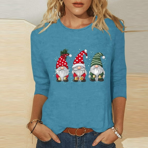 Amidoa Boat Neck Tops for Women Basic Sky Blue 3/4 Sleeve Christmas Tee ...