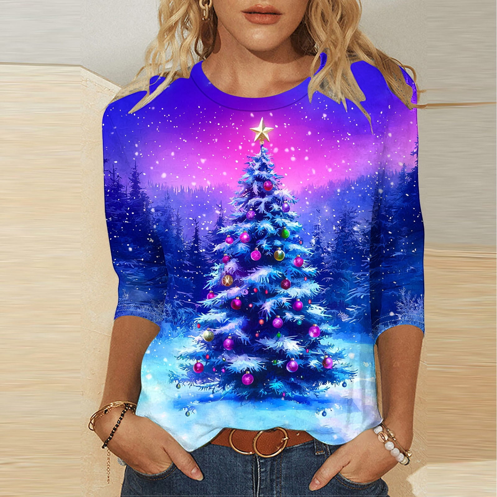 Amidoa Boat Neck Womens Tops Sparkly 3/4 Sleeve Purple Blouses Light ...