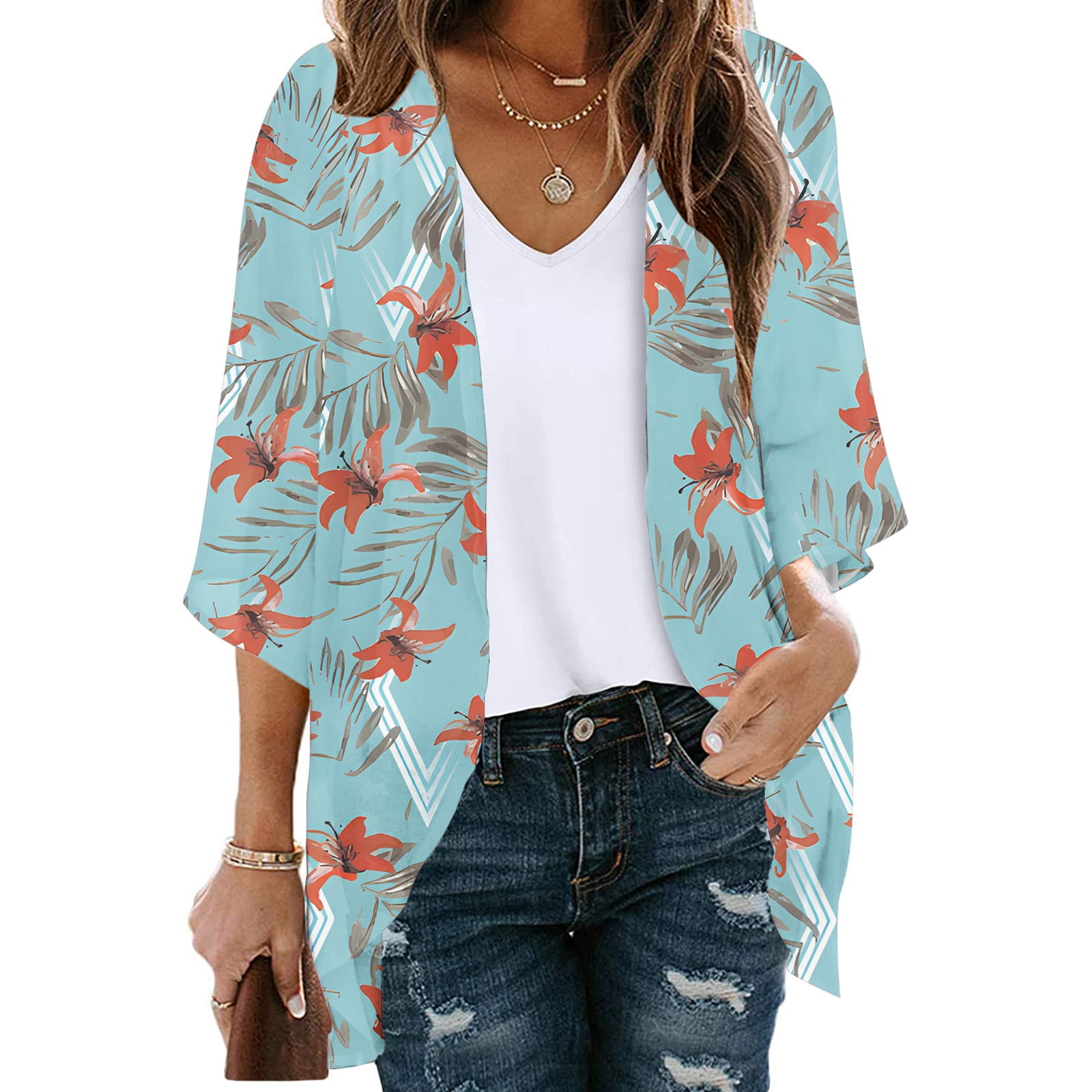 Amidoa Boho Women's Cardigans Kimono 3/4 Sleeve Light Blue Open Front ...