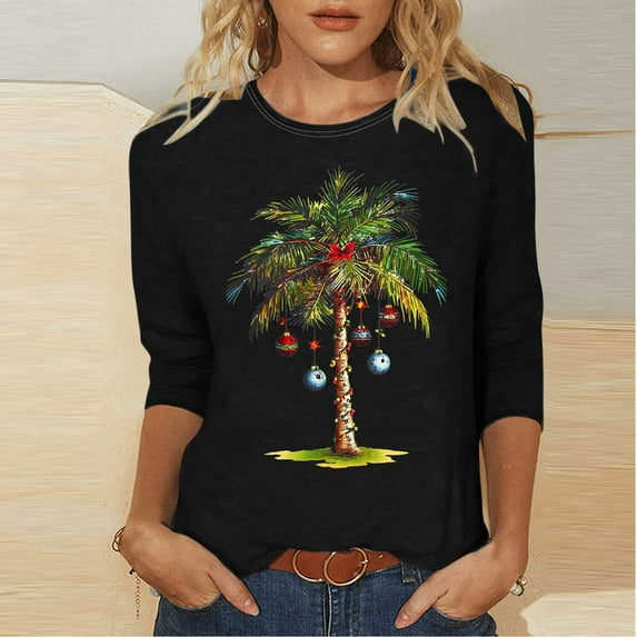 Amidoa Boho Womens Tops 3/4 Sleeve Sparkly Black Blouses Christmas Tree Prints Tees Women's ...
