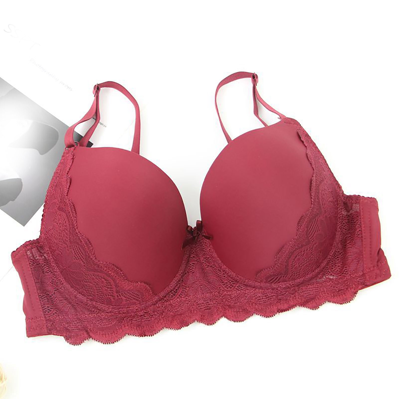 Amidoa Bras for Older Women Red Seamless Lace Push-up Cheeky Solid Bra ...
