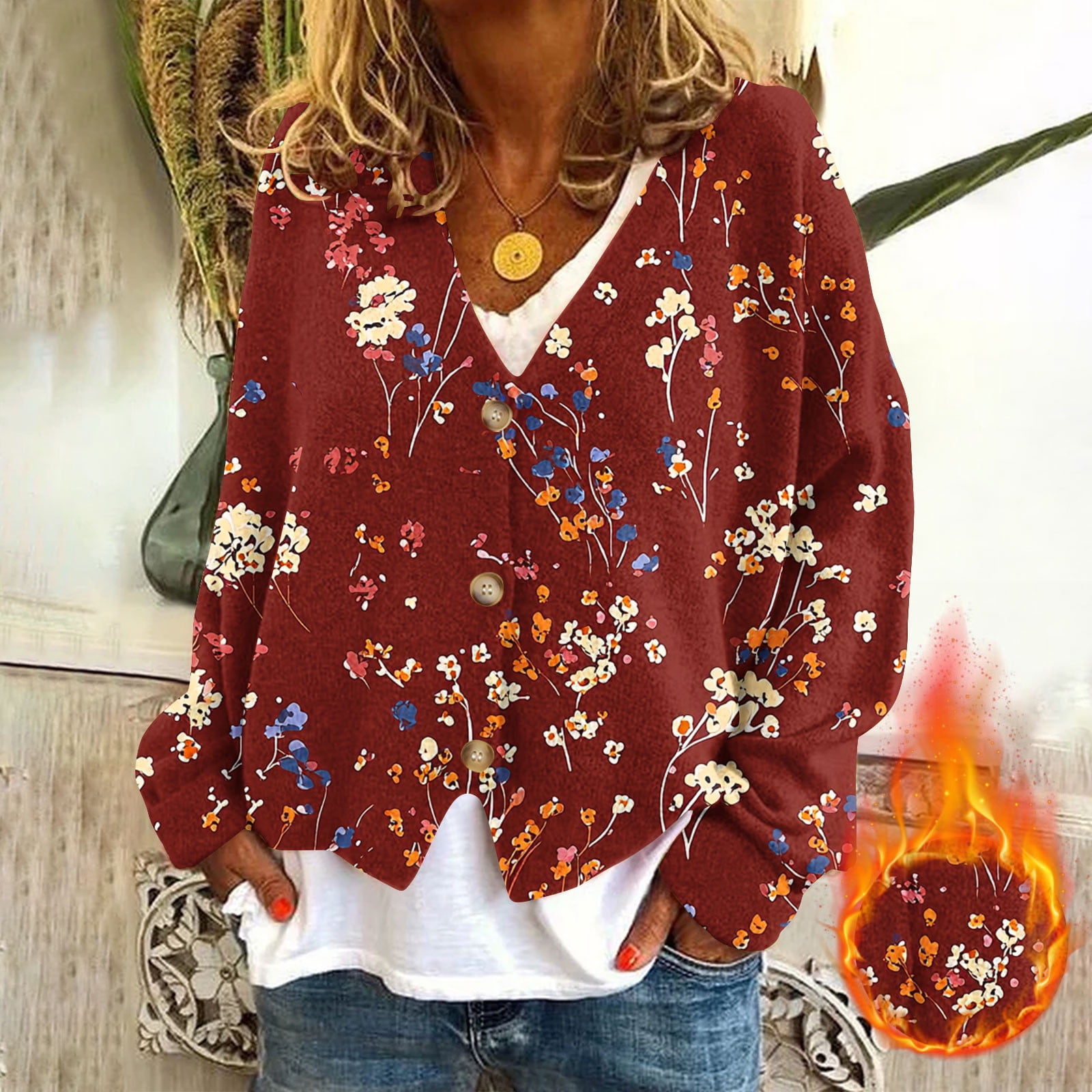 Amidoa Button up Cardigans for Women Red Long Sleeve Cardigan Floral ...