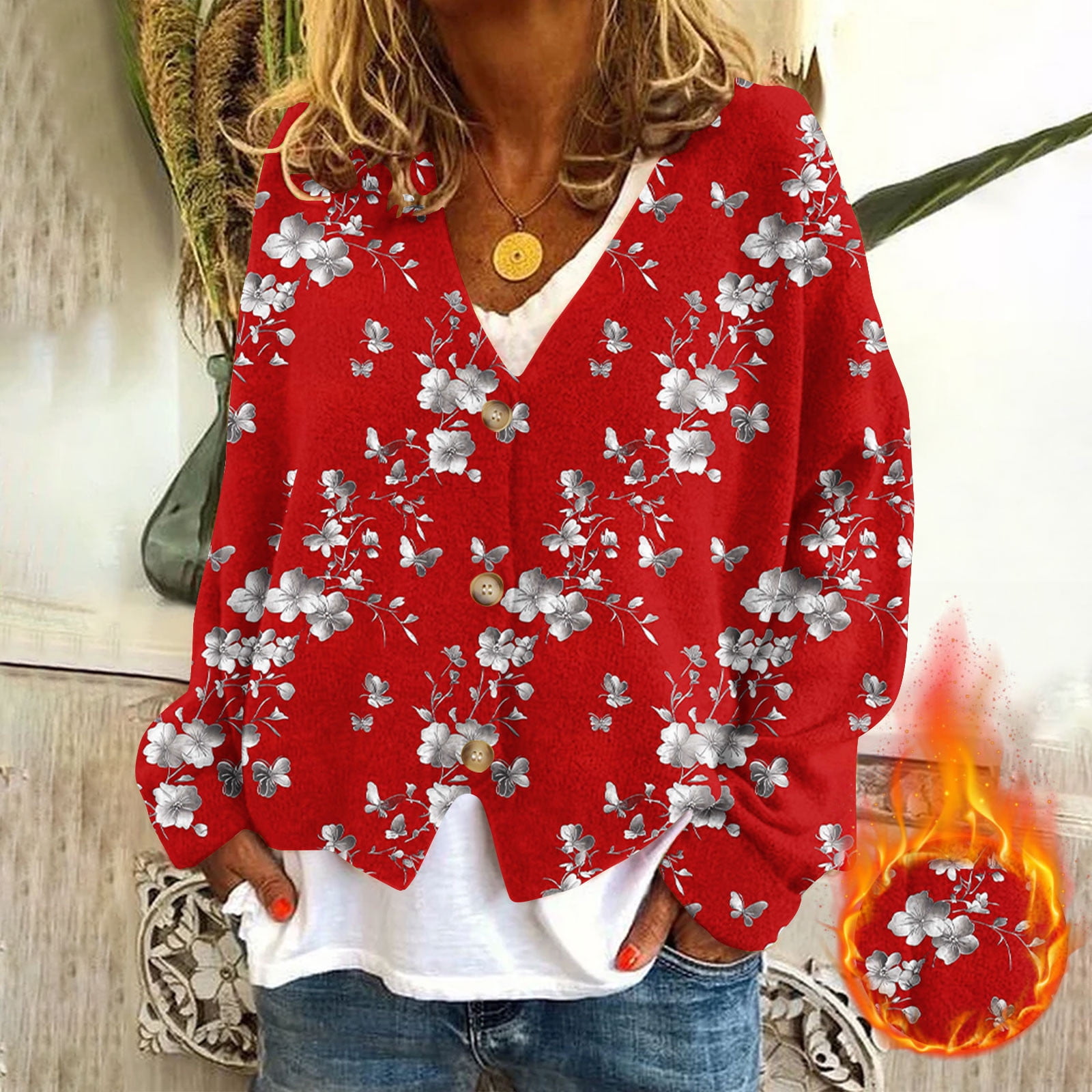 Amidoa Button up Sweater Tops for Women Red Long Sleeve Cardigan Fleece ...