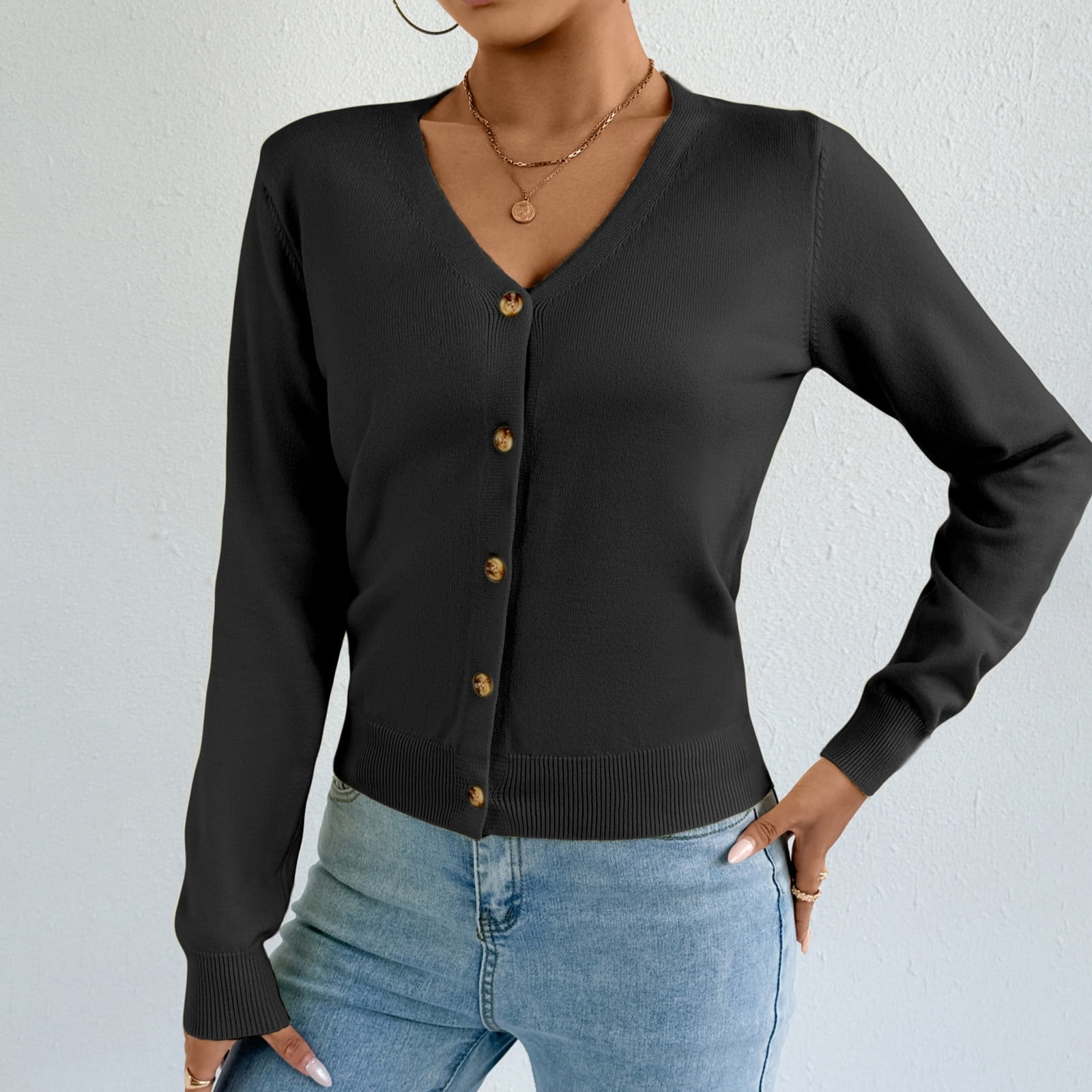 Amidoa Button up Sweaters for Women 2025 Long Sleeve Black Cardigan V ...