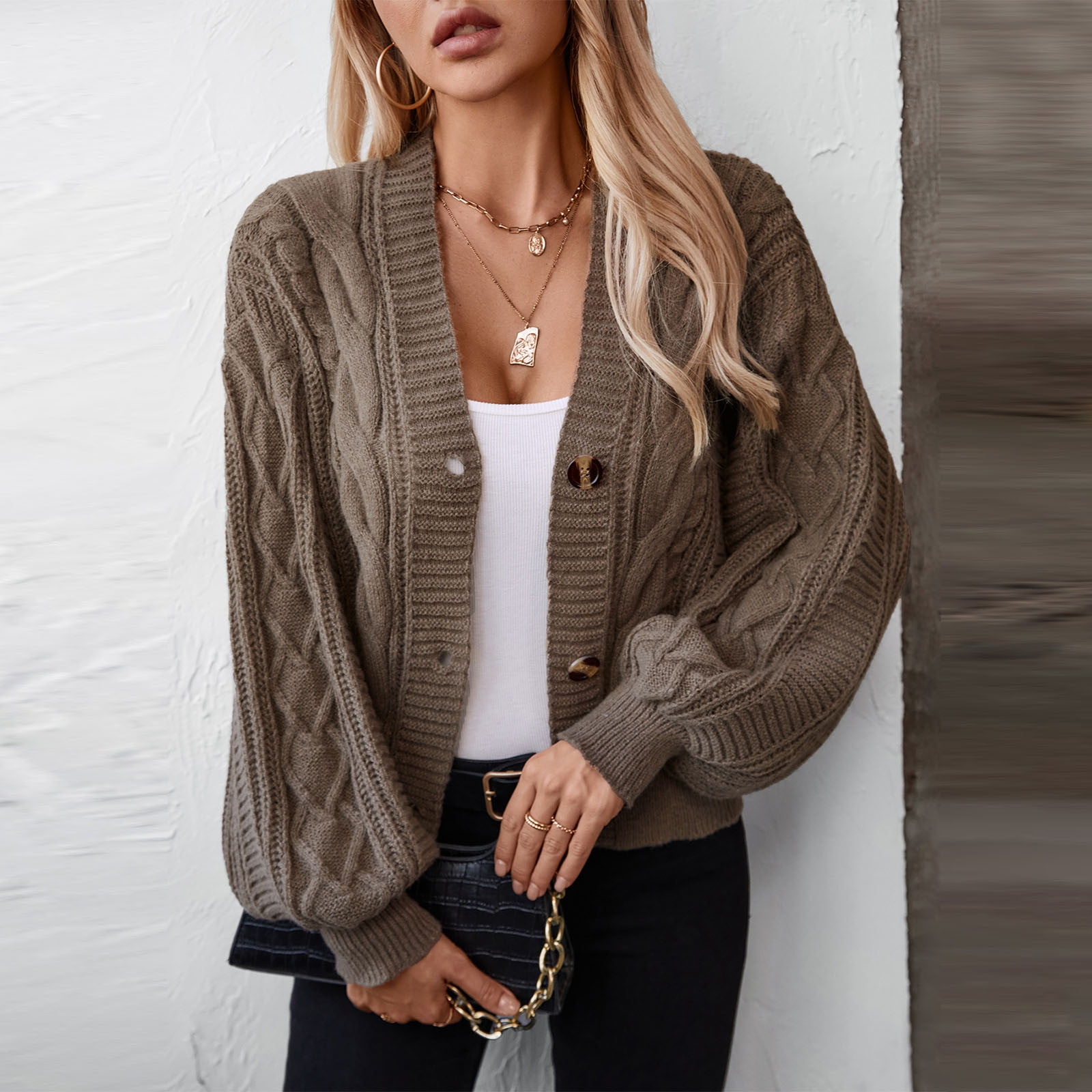 Amidoa Button up Sweaters for Women Bronze Long Sleeve Cardigan Cable ...