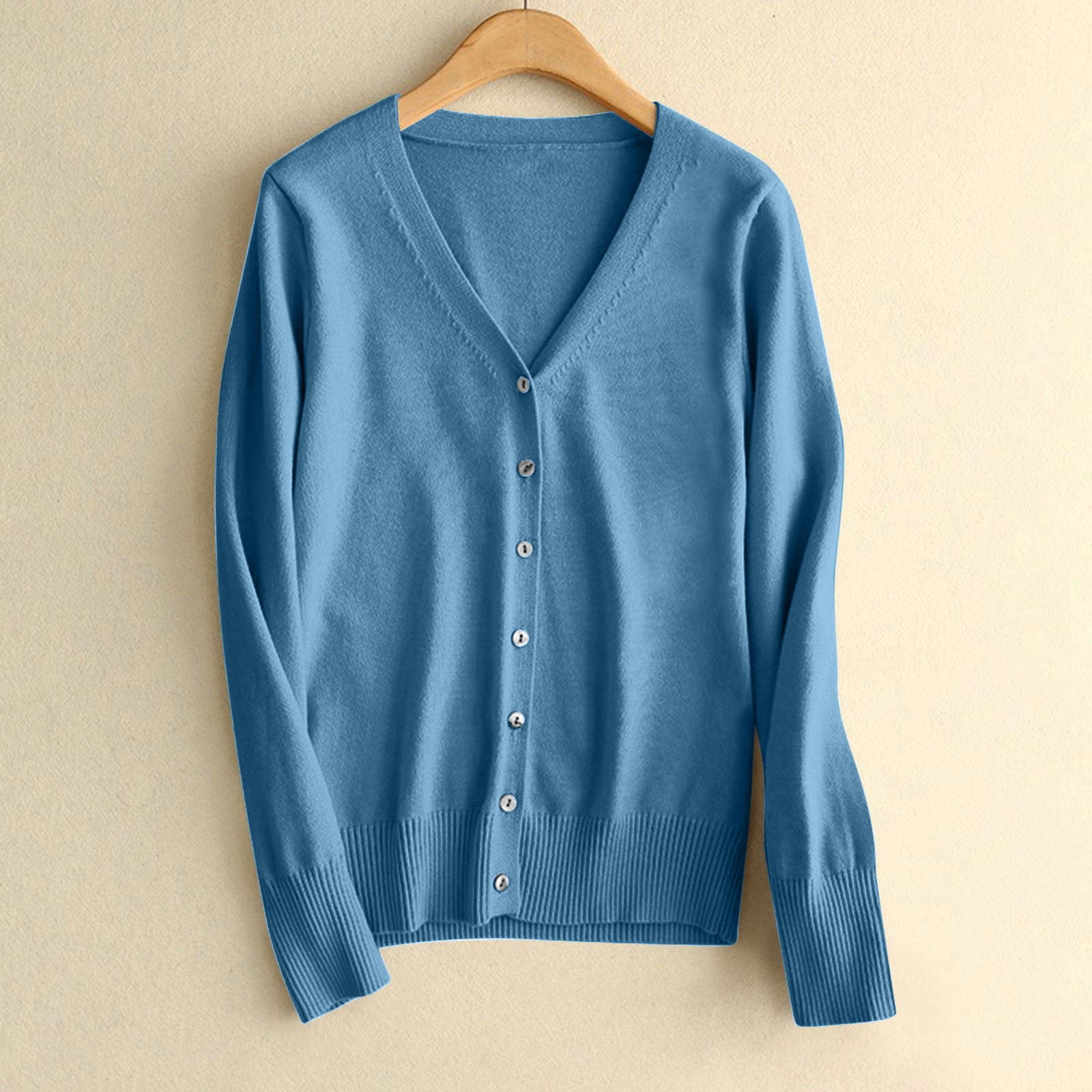 Amidoa Button up Womens Sweaters Blue Long Sleeve Cardigan V-Neck Light ...