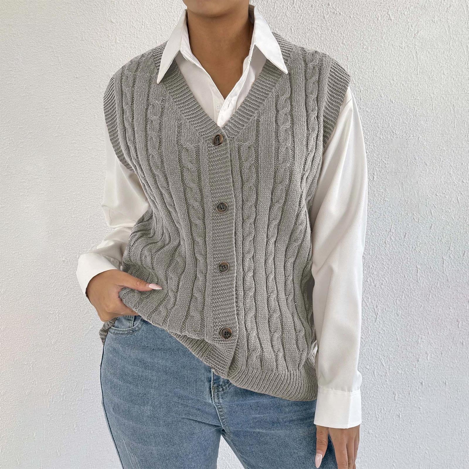Amidoa Cardigan Sweaters for Women Gray Button up Sleeveless Cable Knit ...