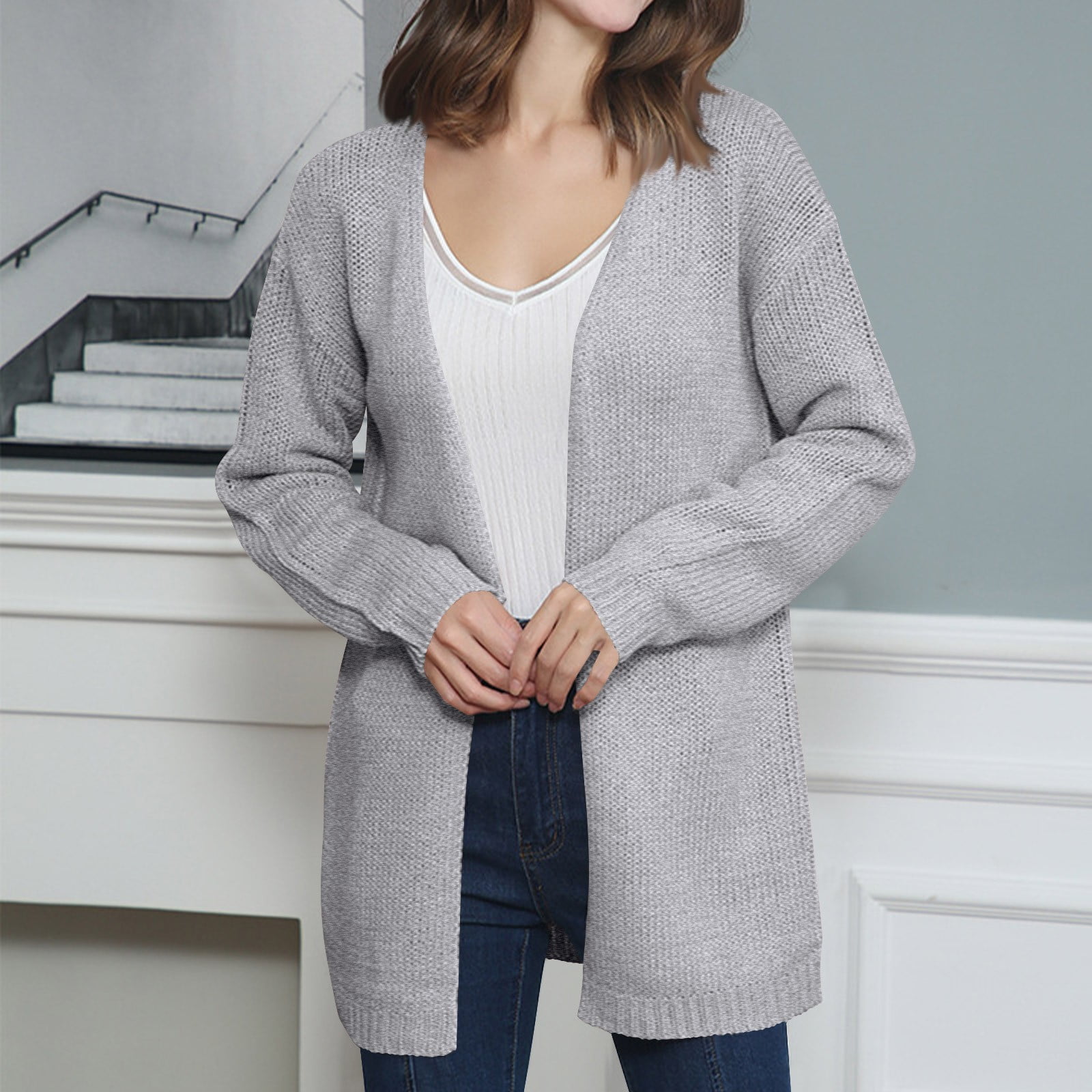 Amidoa Cardigan Sweaters for Women Long Gray Long Sleeve Open Front ...