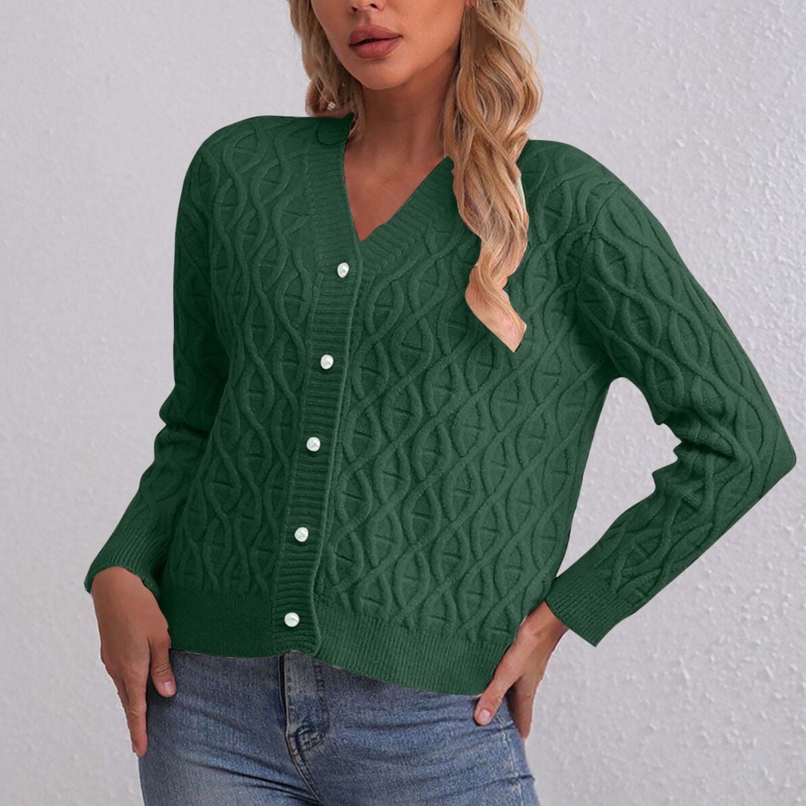 Amidoa Cardigan Womens Sweaters Long Sleeve Button up Green Cable Knit Cute Cardigans Cardigans ...