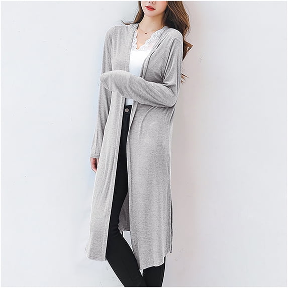 Amidoa Cardigans for Women Gray Open Front Long Sleeve Long Lightweight ...