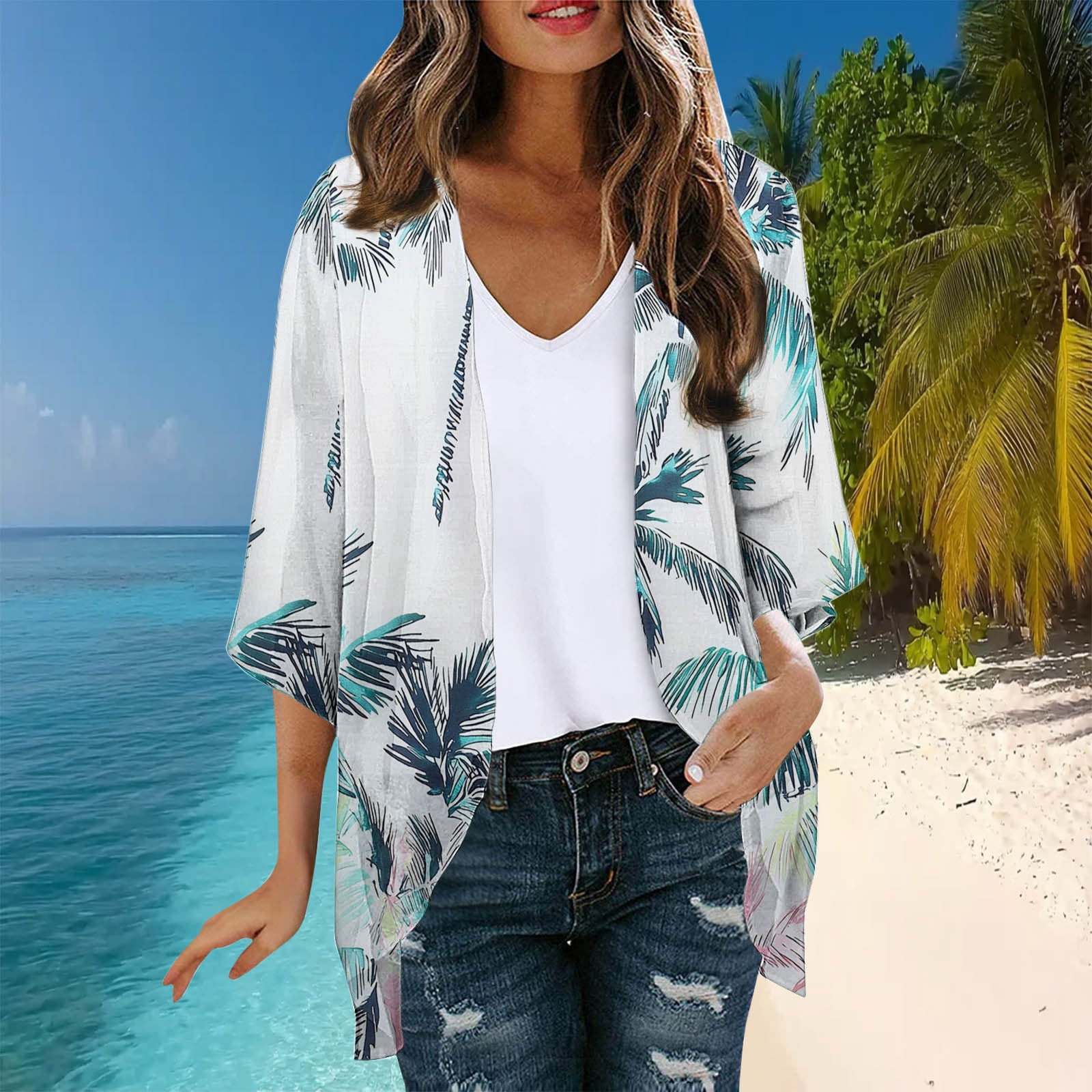 Amidoa Cardigans for Women Lightweight Kimono 3/4 Sleeve Chiffon Summer ...