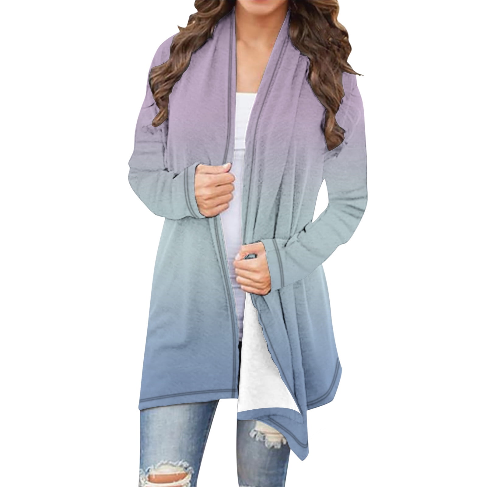 Amidoa Cardigans for Women Long Sleeve Blue Open Front Lightweight ...