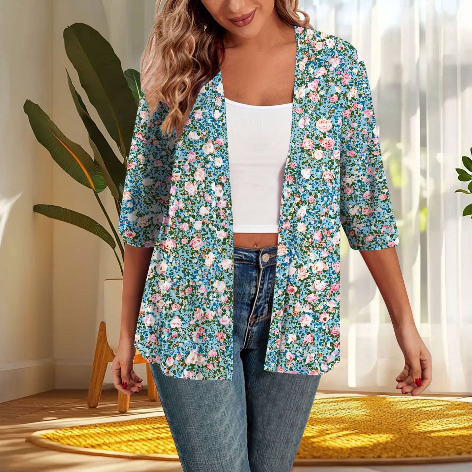 Amidoa Cardigans for Women Open Front 3/4 Sleeve Green Lightweight Long ...