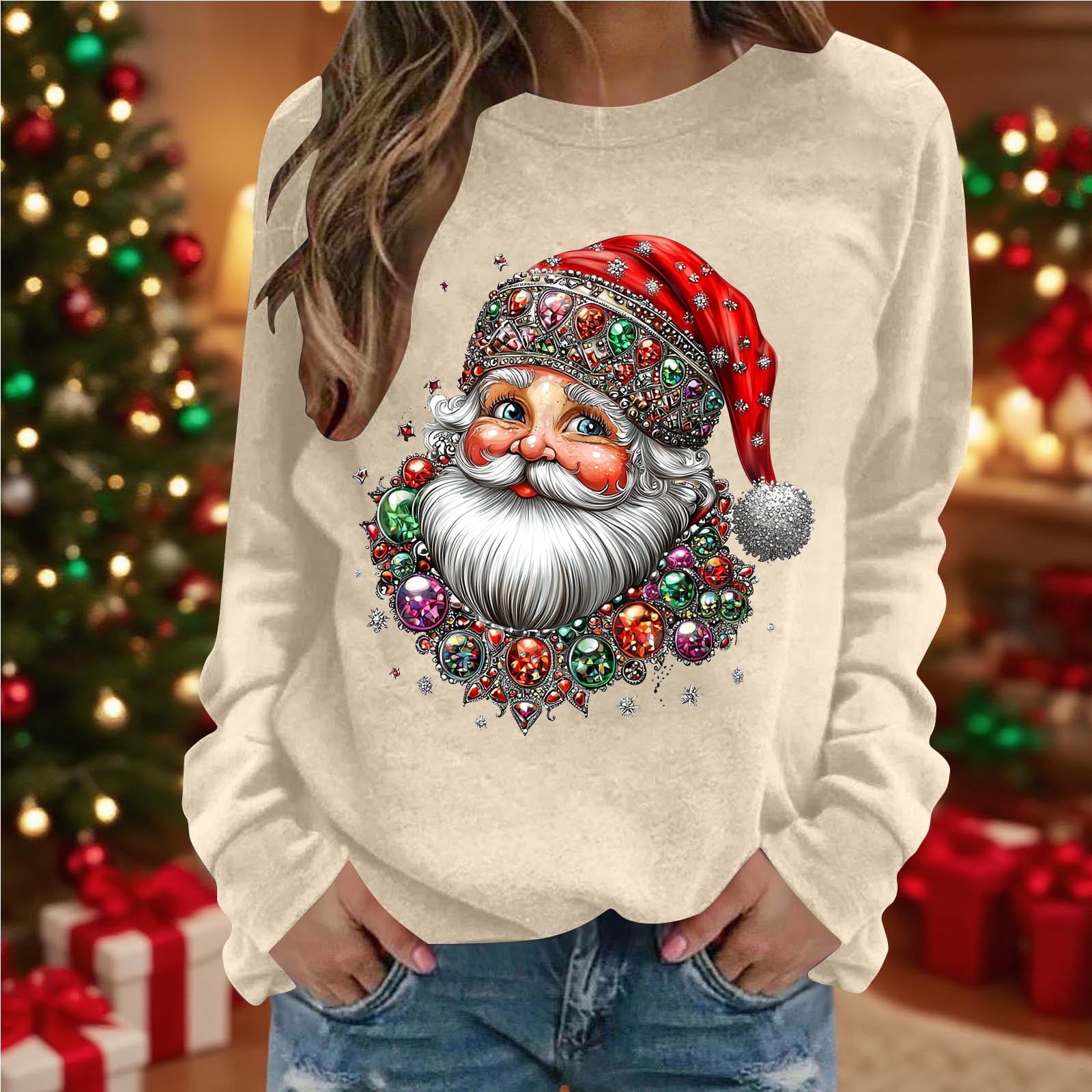 Amidoa Christmas Ladies Sweatshirts Ugly Yellow Loose Long Sleeve ...