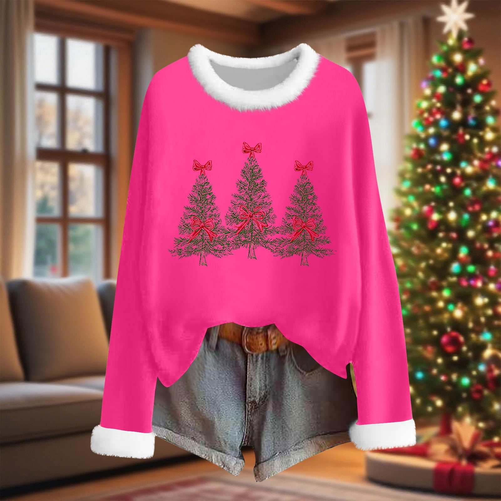 Amidoa Christmas Womans Tops Long Sleeve Fleece Soft Hot Pink Shirts ...