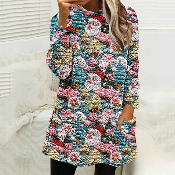 Amidoa Christmas Women Tops Winter Flannel Long Sleeve Tunic Fuzzy ...