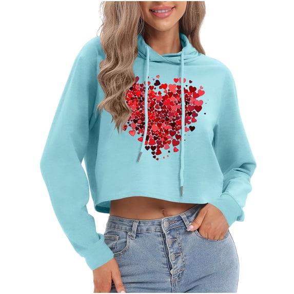 Amidoa Cute Hoodie for Women Cropped Valentines Blue Hoodies Heart ...
