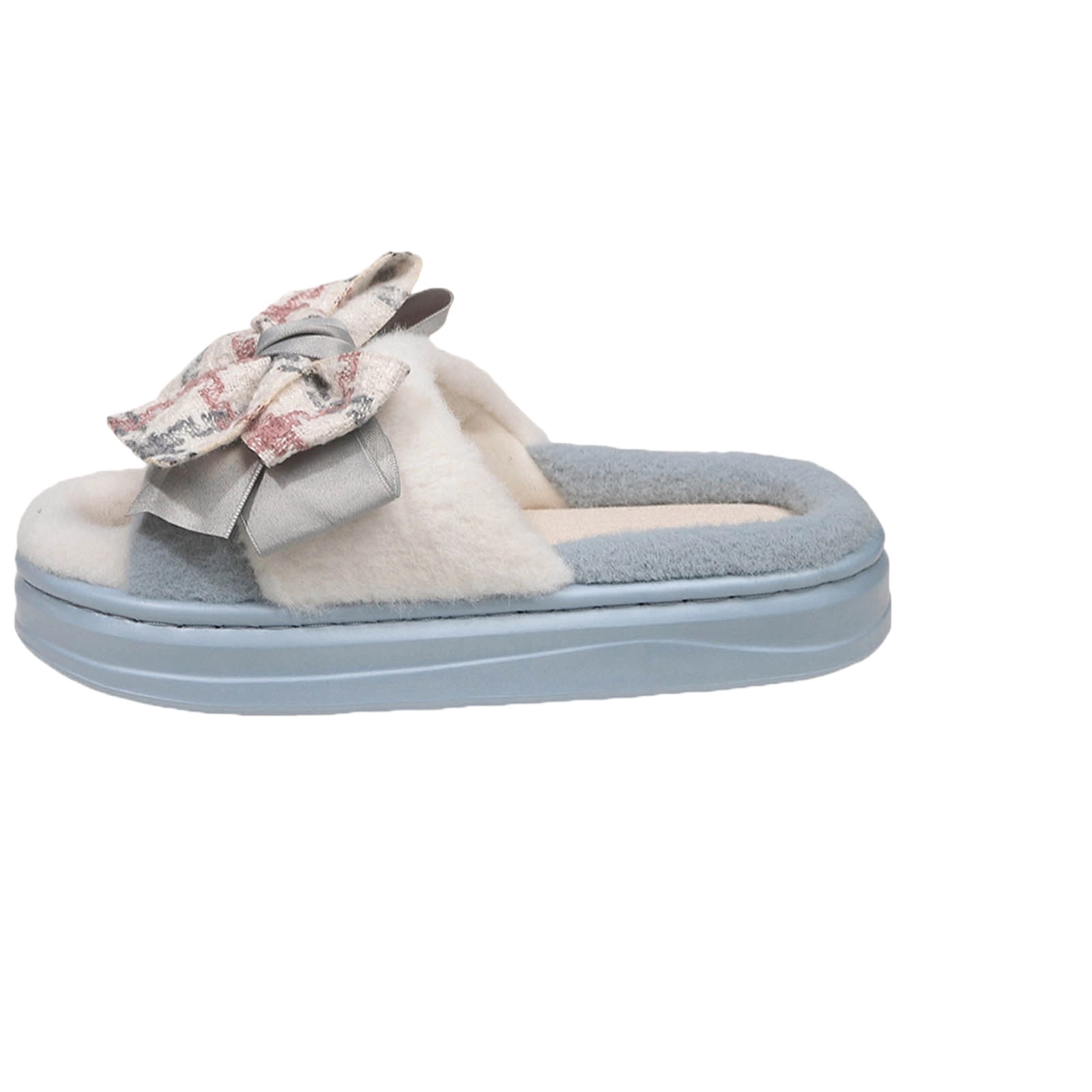 Amidoa Cute Ladies Slippers Furry Blue House Comfy Outdoor Bow Flat ...