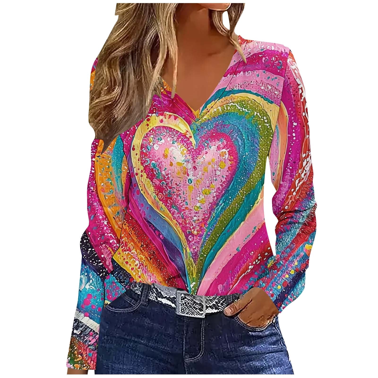 Amidoa Cute Ladies Tops Winter Long Sleeve Valentines Pink Blouses Love ...