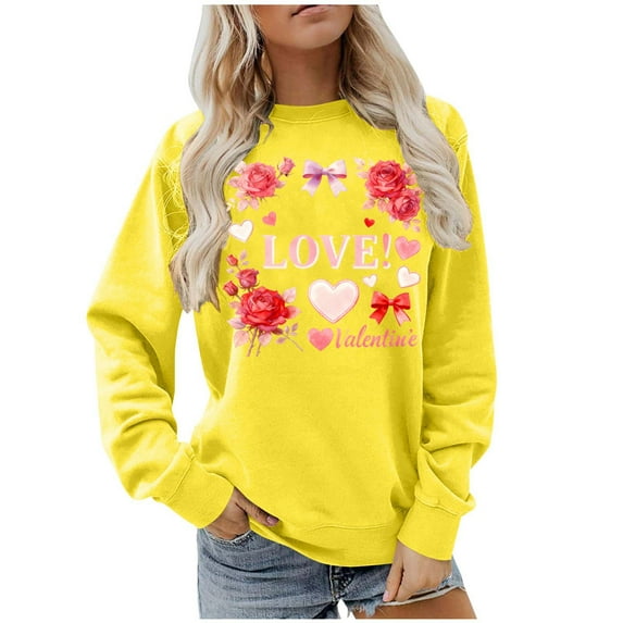 Amidoa Cute Womans Tops Yellow Valentines Long Sleeve Sweatshirts Heart ...