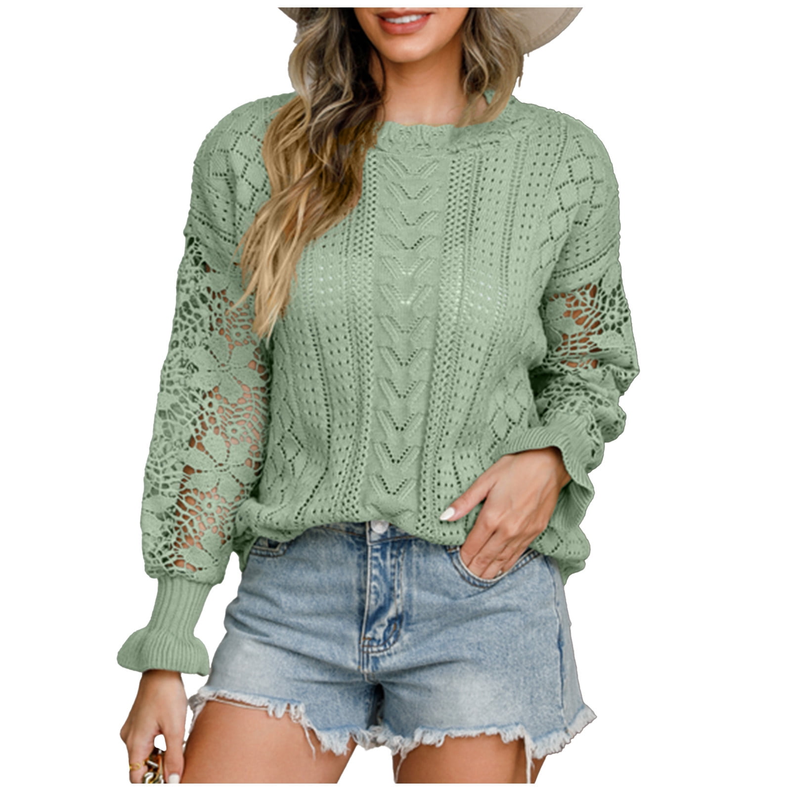 Amidoa Cutout Sweaters for Women 2025 Crochet Long Sleeve Green Workout ...