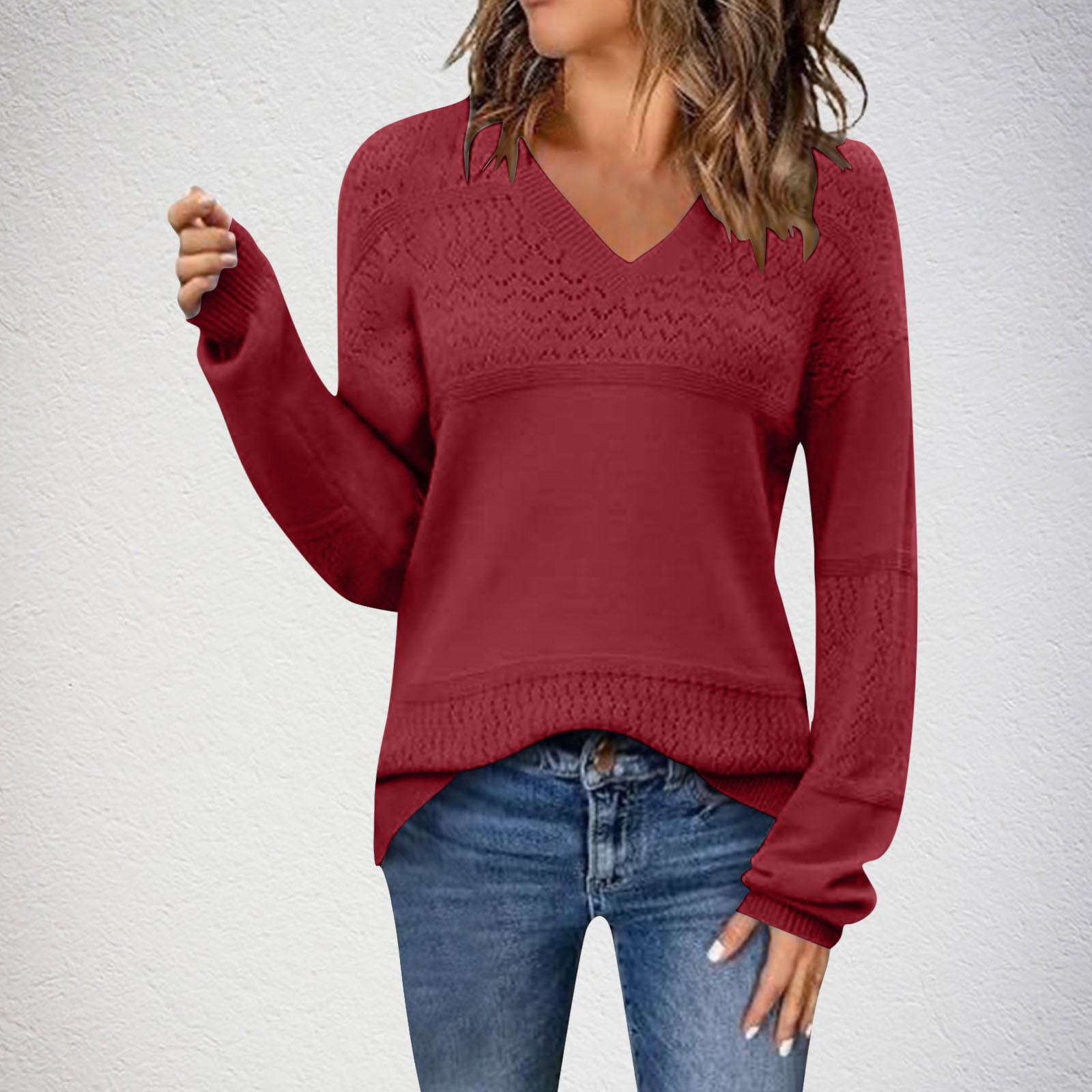 Amidoa Cutout Sweaters for Women V-Neck Long Sleeve Red Solid ...