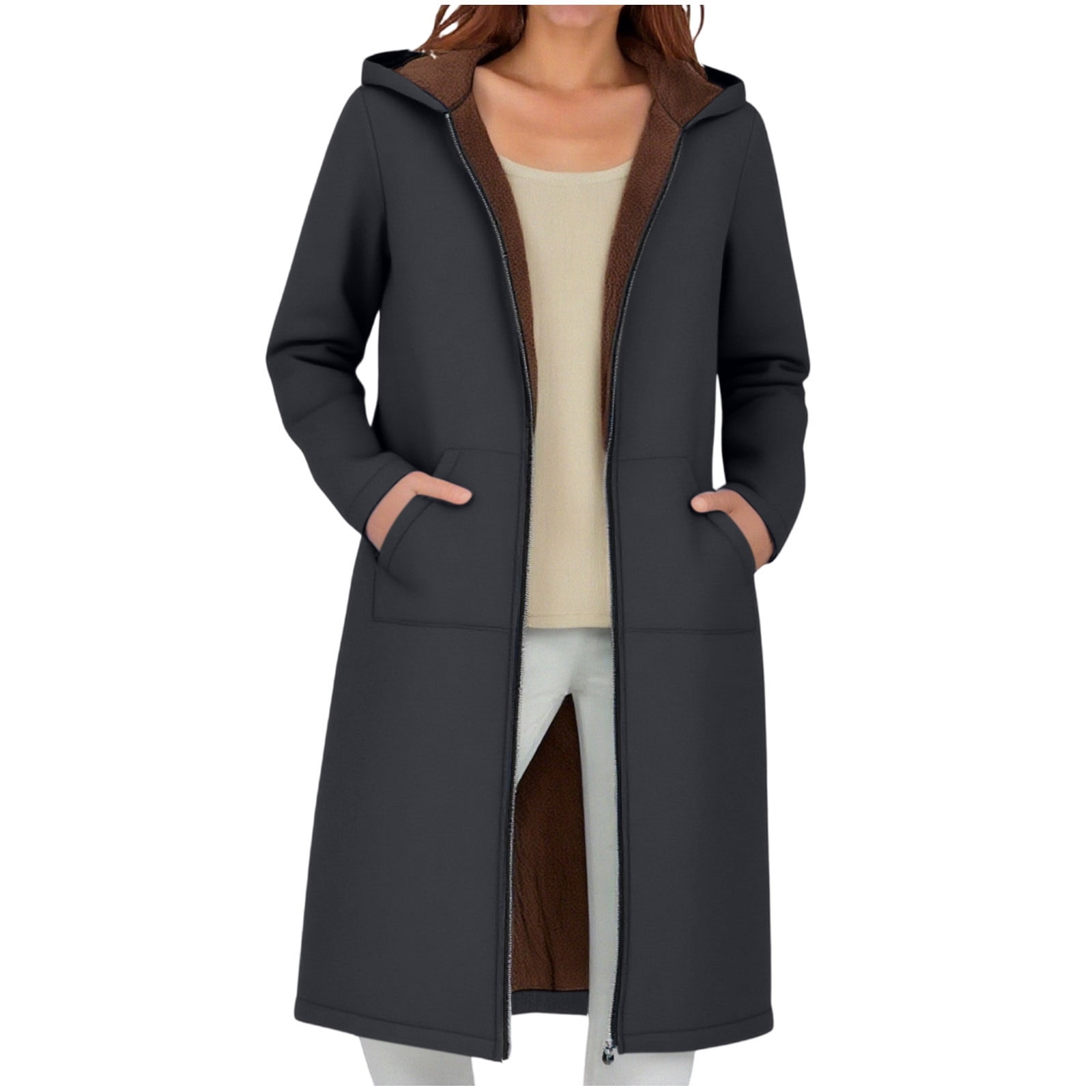 Amidoa Full-Zip Coats for Women Dressy Gray Fleece Clothes Hooded Thick ...