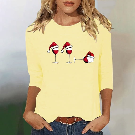 Amidoa Funny Womans Tops Yellow Ugly Christmas 3/4 Sleeve Blouses Boat ...