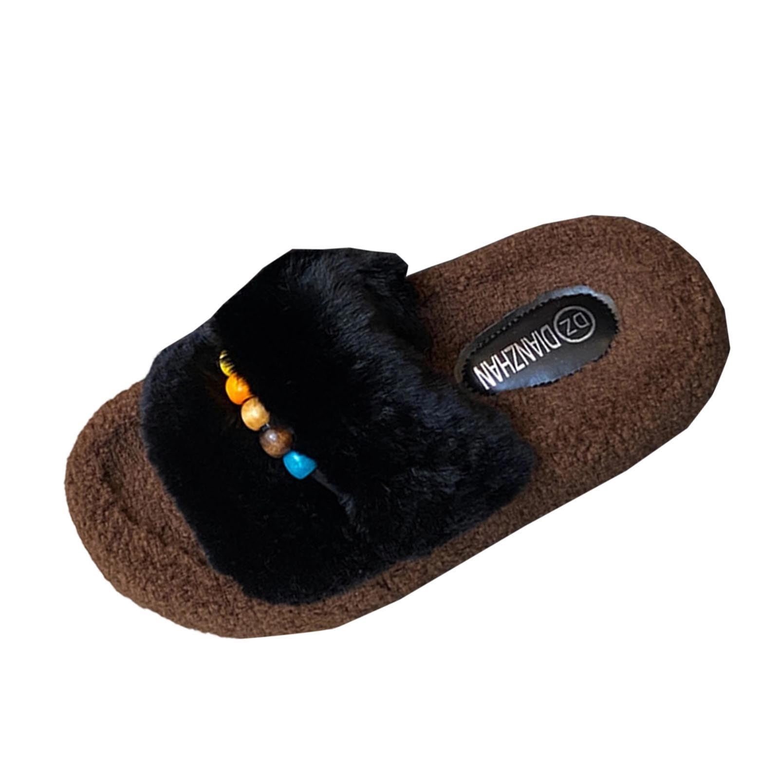 Amidoa Fuzzy Woman Slippers Black Chunky Outdoor Soft Home Comfortable ...