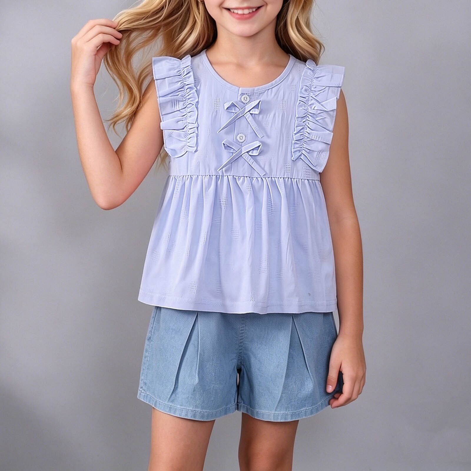 Amidoa Girls 2 Piece Outfits Summer Clothes Cute Ruffle Bow Sleeveless ...