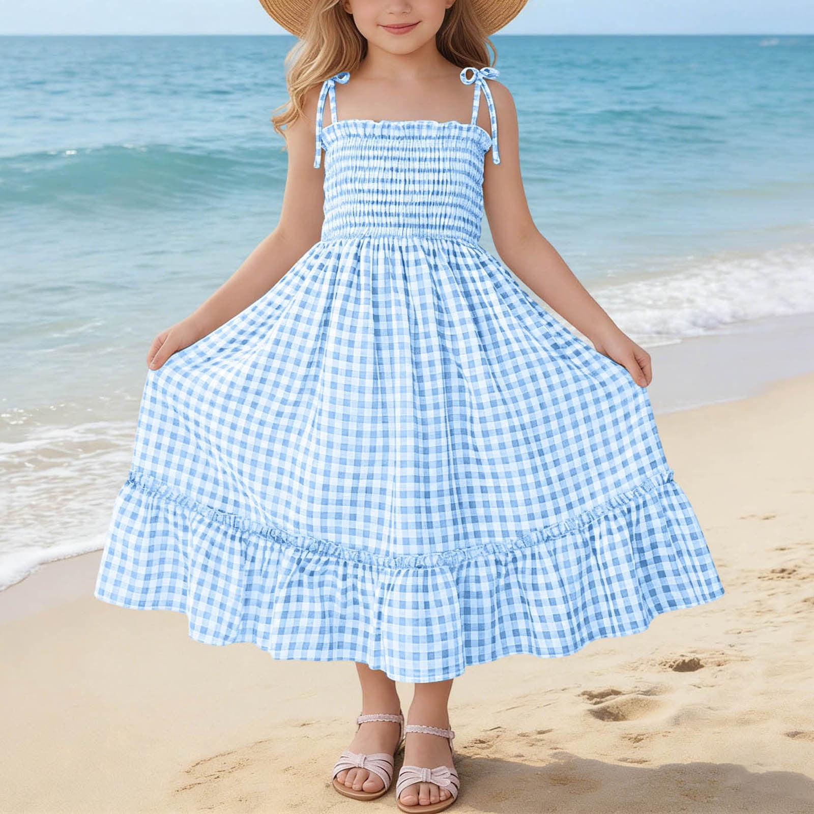 Amidoa Girls Plaid Dress Sleeveless Checkered Flowy Cami Strap Dress ...