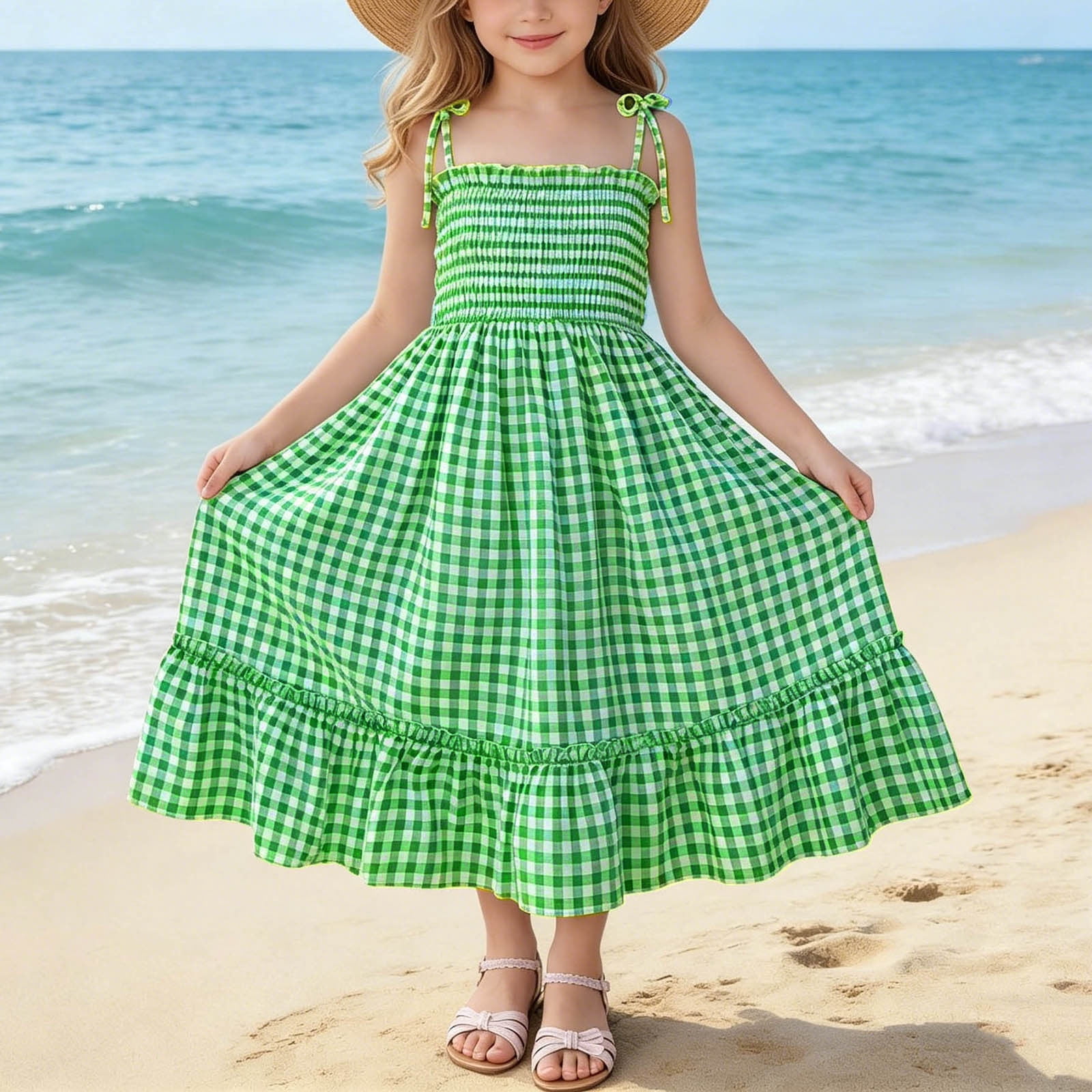 Amidoa Girls Plaid Dress Sleeveless Checkered Flowy Cami Strap Dress ...
