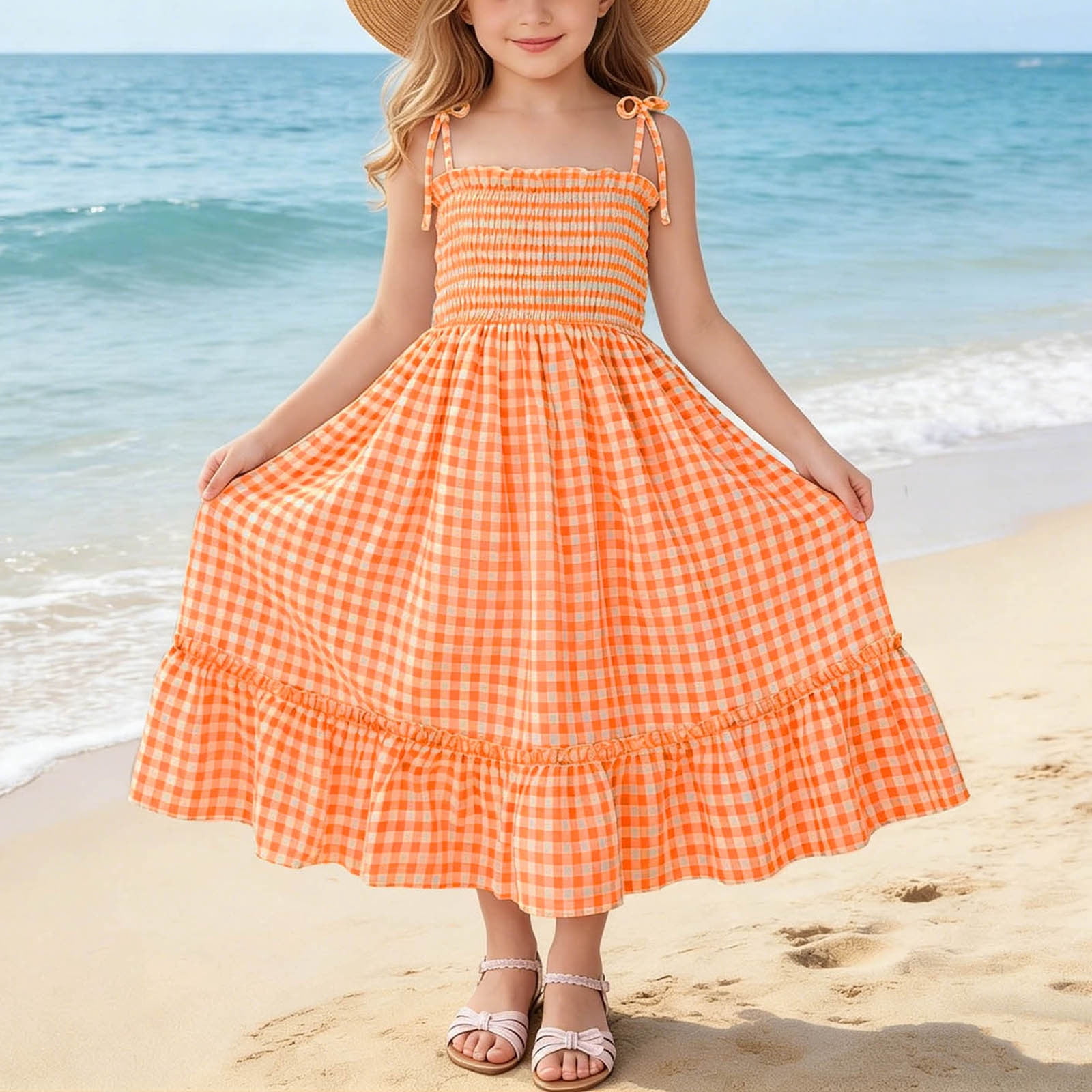 Amidoa Girls Plaid Dress Sleeveless Checkered Flowy Cami Strap Dress ...