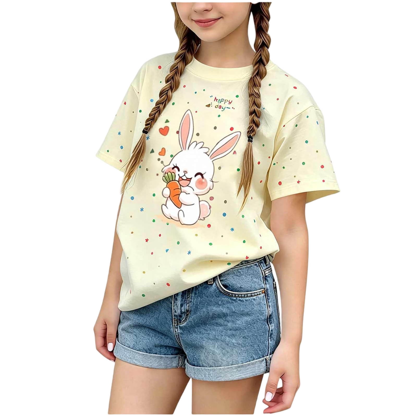 Amidoa Girls Short Sleeve Cute Cotton T-Shirts Tops Kids Summer Casual ...