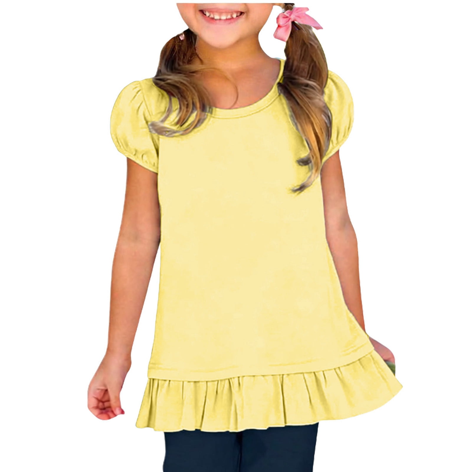 Amidoa Girls Short Sleeve Ruffle Sleeve Solid Color Summer Crewneck T ...